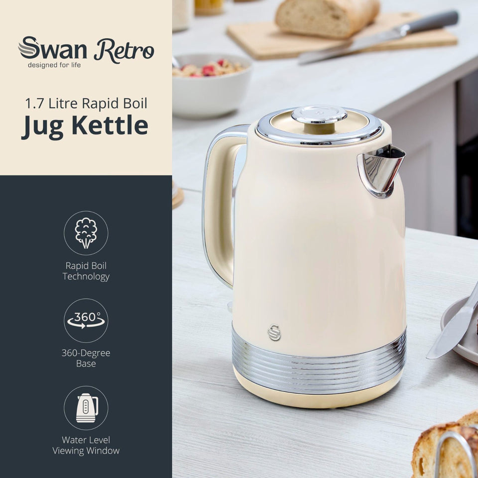 Swan Retro Revive Cream Kettle 4 Slice Toaster Microwave Bundle Set