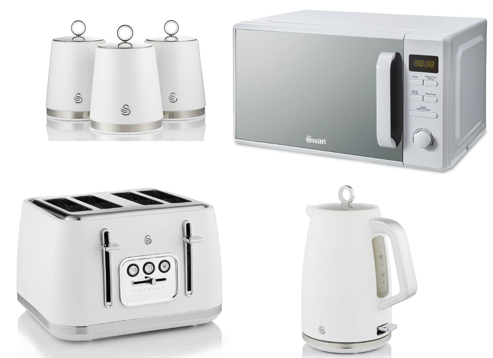 Swan Serenity White Kettle Toaster Digital Microwave & Canisters Set
