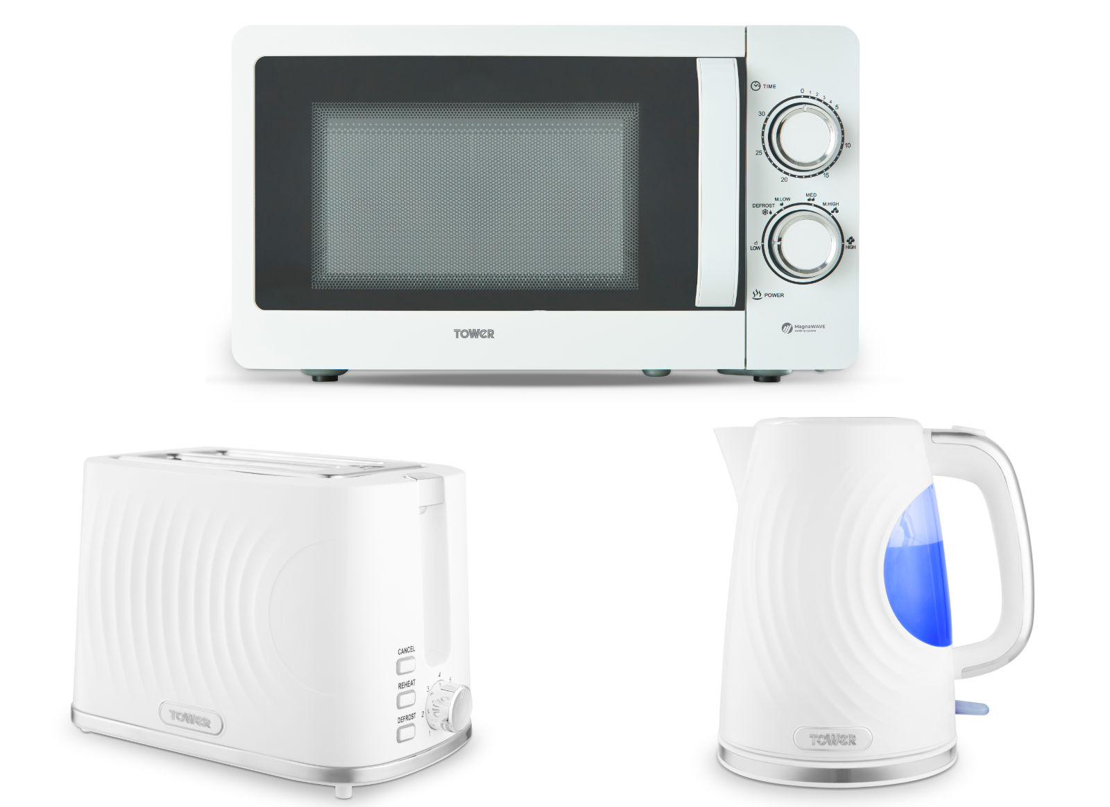 Tower Sonar White Kettle Toaster & Microwave Matching Kitchen Set