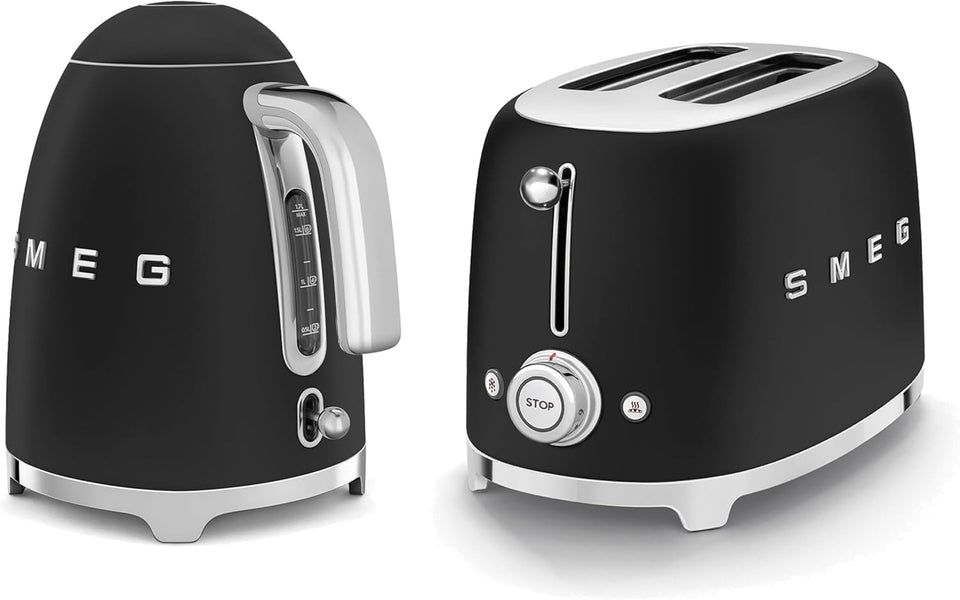 SMEG Retro Matte Black Kettle & 2 Slice Toaster KLF03BLMUK TSF01BLMUK