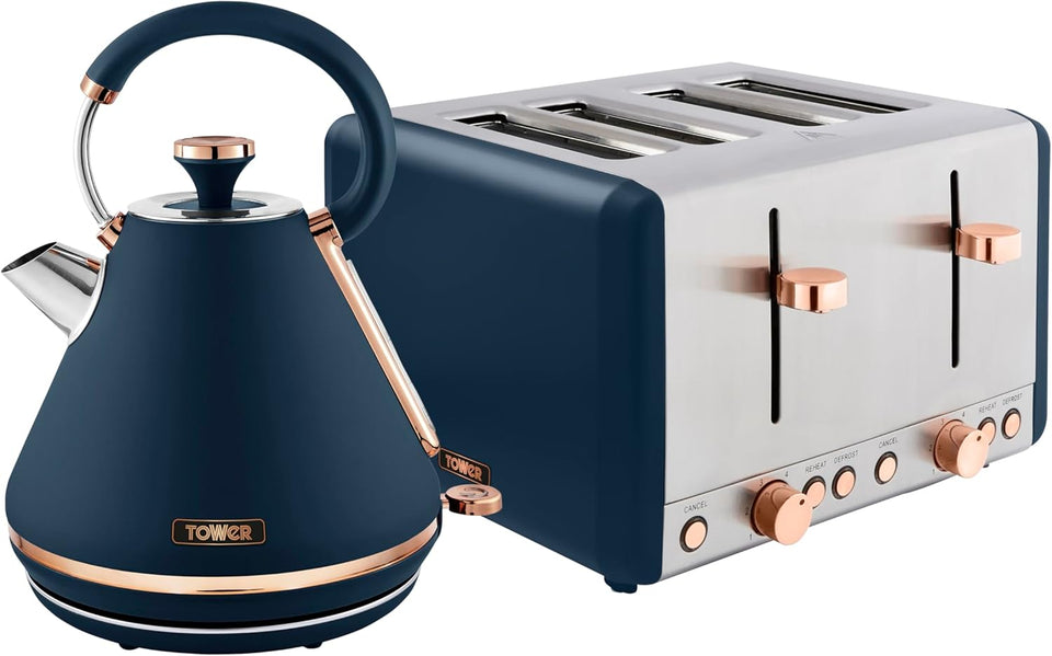 TOWER Cavaletto Midnight Blue Pyramid Kettle 4 Slice Toaster Set