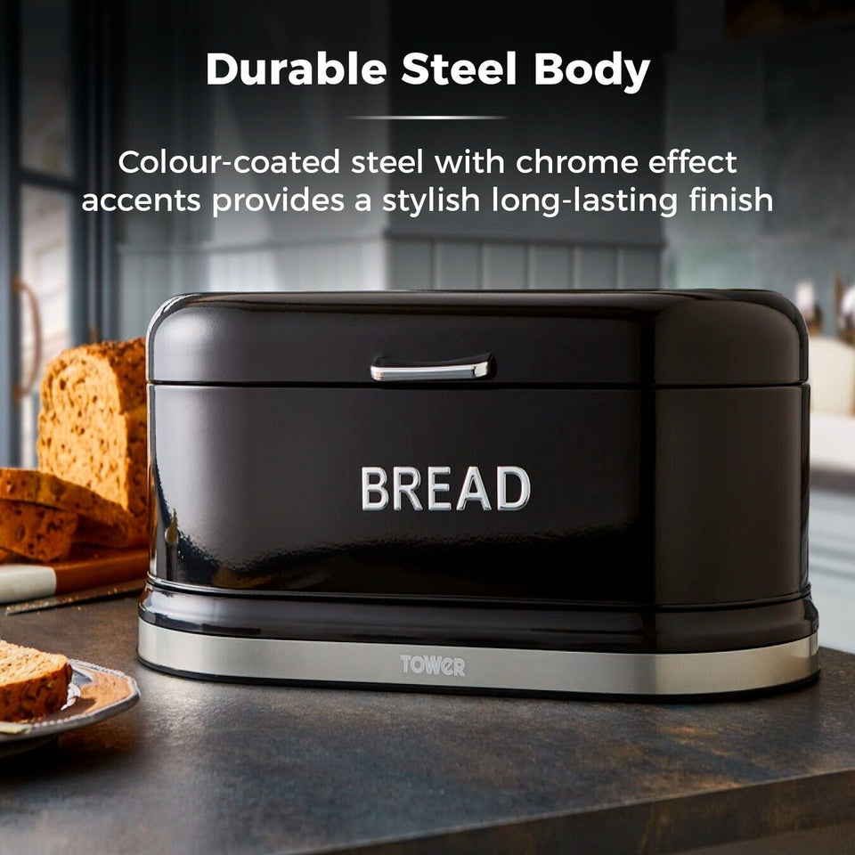 Tower Belle Noir Kettle 2 Slice Toaster & Bread bin Kitchen Set in Bla