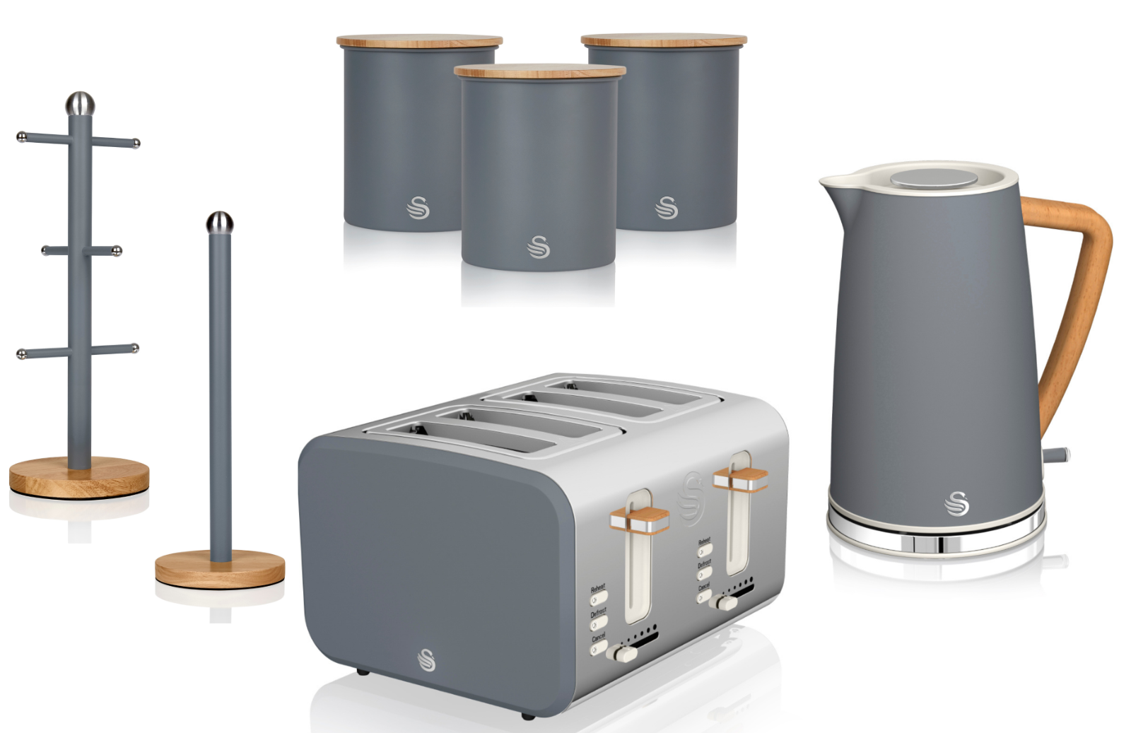 Swan Nordic Grey Kettle 4 Slice Toaster Canisters Mug Tree Towel Pole