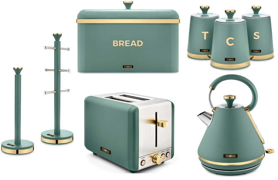 Tower Cavaletto Jade Kettle Toaster & Kitchen Accessories Bundle of 8