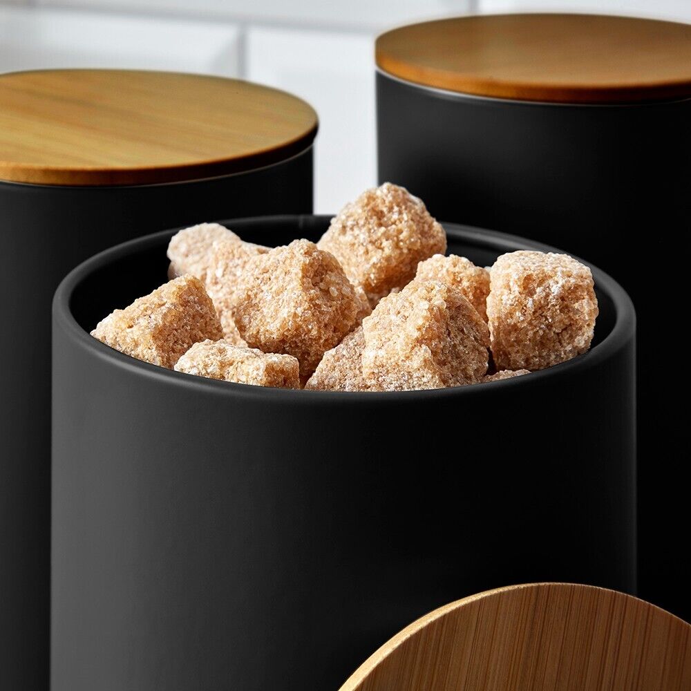 Tower Scandi Black Kitchen Storage Set Bread Bin 3 Canisters & Biscuit