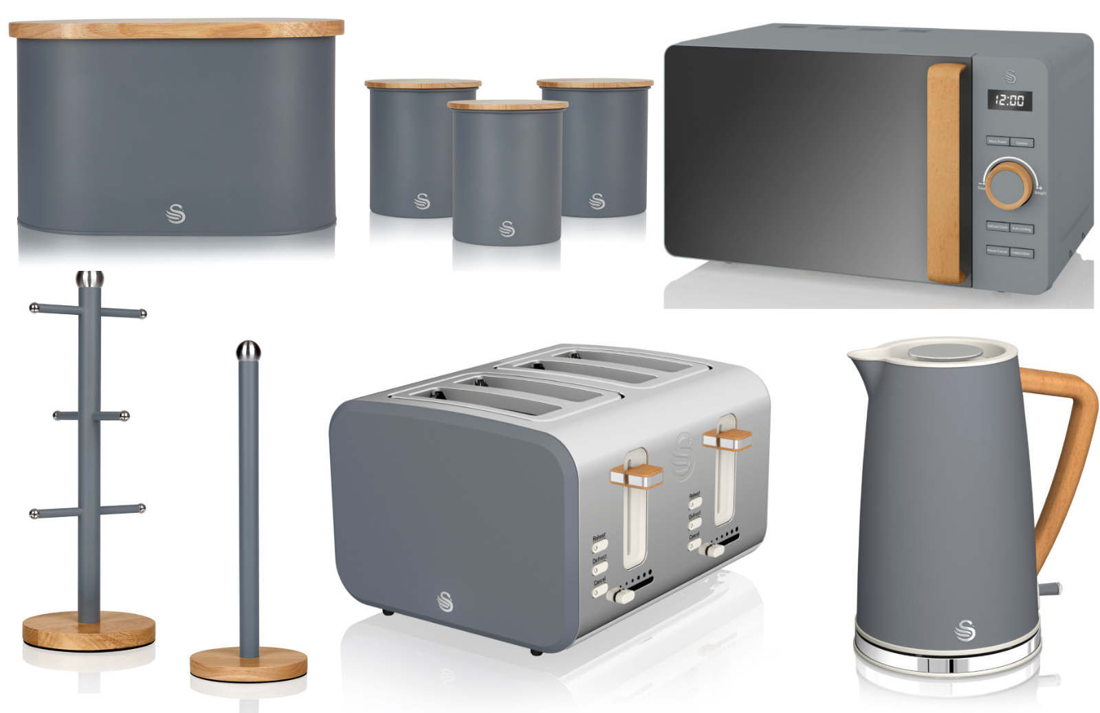 Swan Nordic Grey Kitchen Set of 9 Kettle Toaster Microwave Accessories
