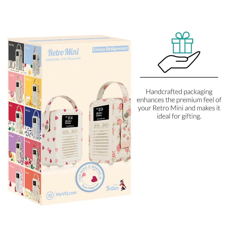 VQ Emma Bridgewater Retro Mini DAB Radio Pink Hearts Bluetooth Portabl
