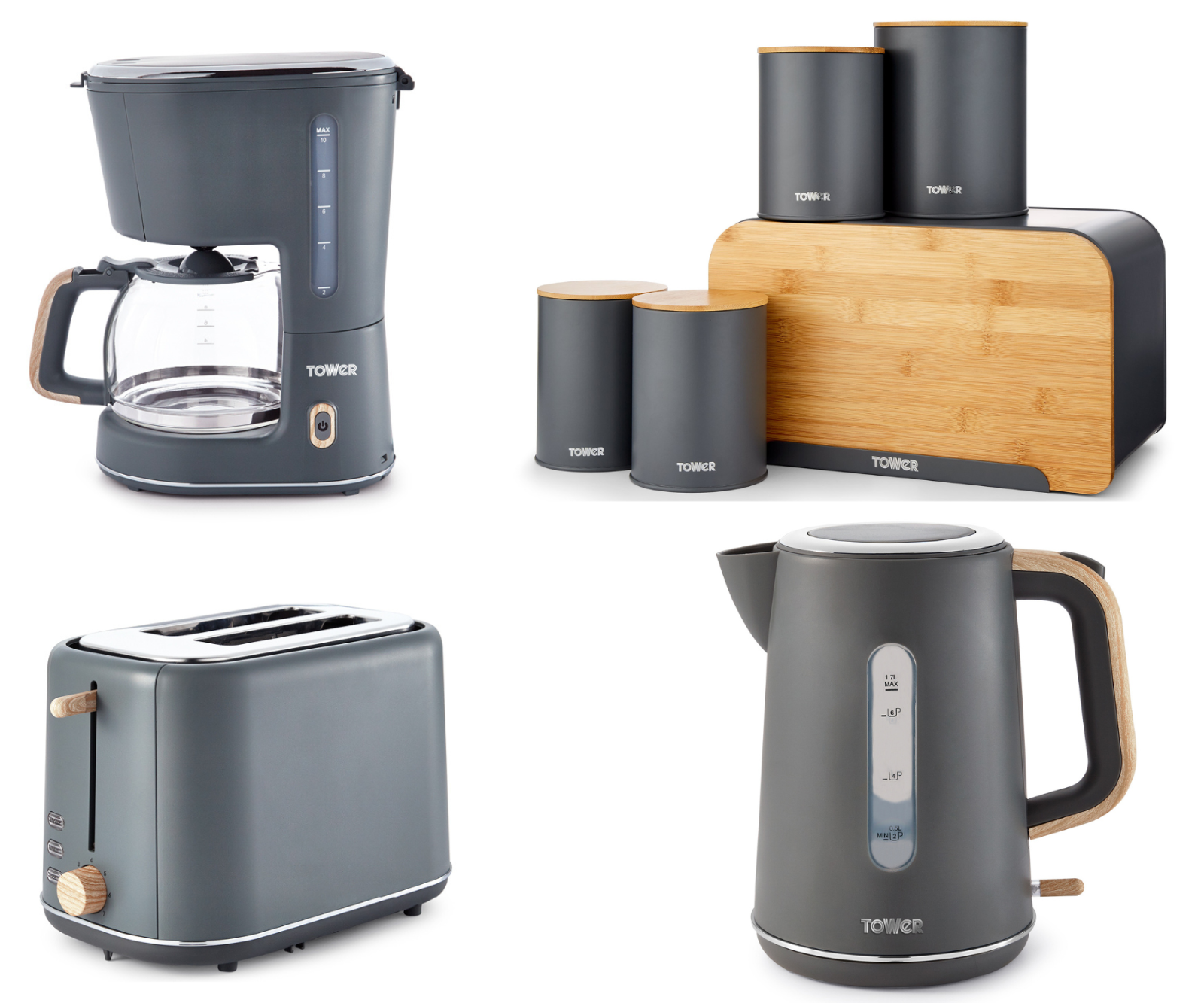 Tower Scandi Grey Kettle Toaster Coffee Maker & 5 Piece Kitchen Storag