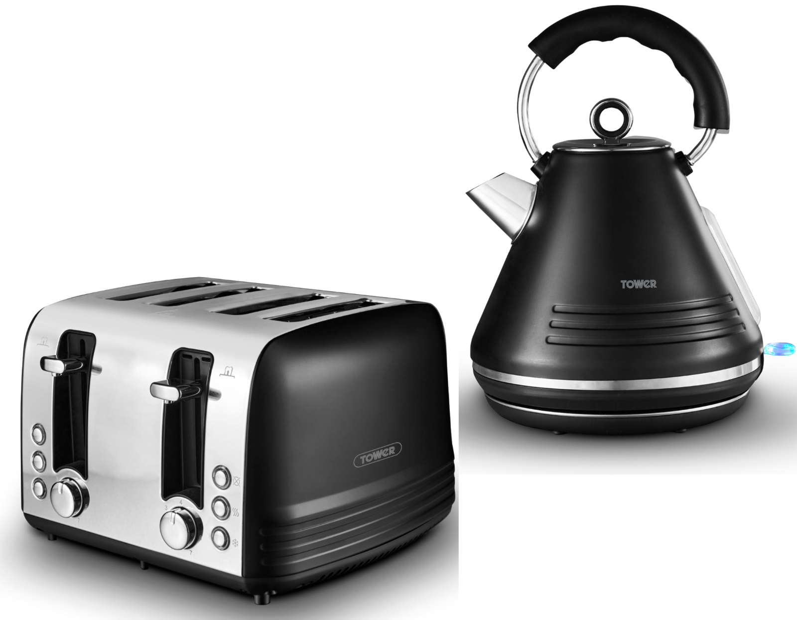 Tower Ash 1.7L 3KW Pyramid Kettle & 4 Slice Toaster Set Black & Chrome