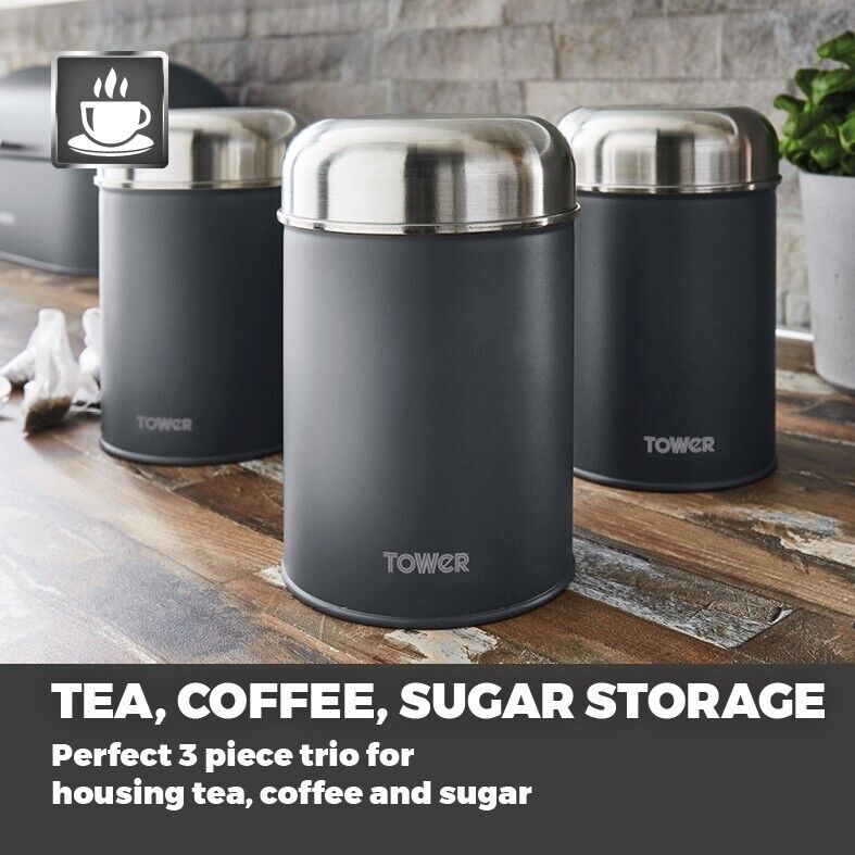 Tower Infinity Slate Grey Bread Bin & 3 Canisters Matching Kitchen Sto