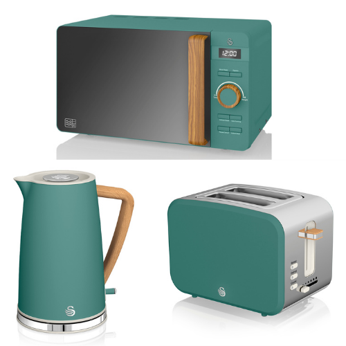 Swan Nordic Green Kettle 2 Slice Toaster Digital Microwave KItchen Set