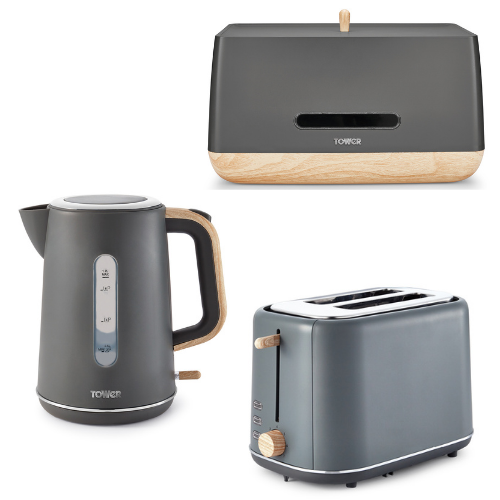 Tower Scandi Grey Modern Scandinavian Style Kettle Toaster & Breadbin