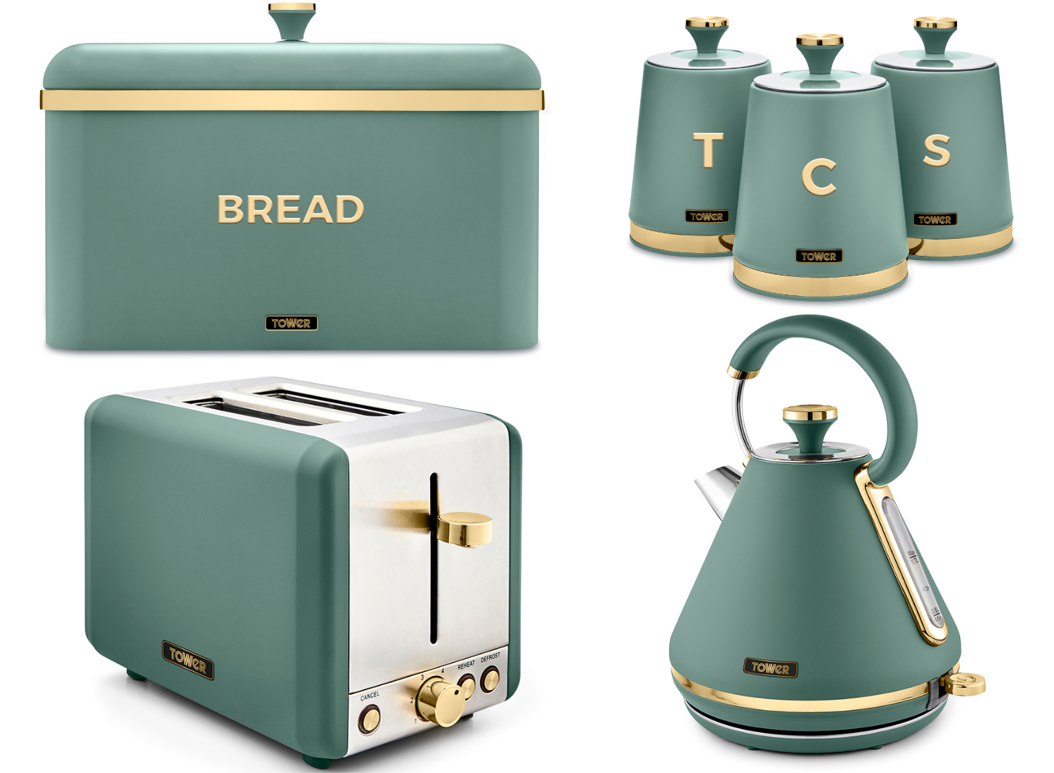 Tower Cavaletto Jade Kettle 2 Slice Toaster Bread Bin Canisters Set
