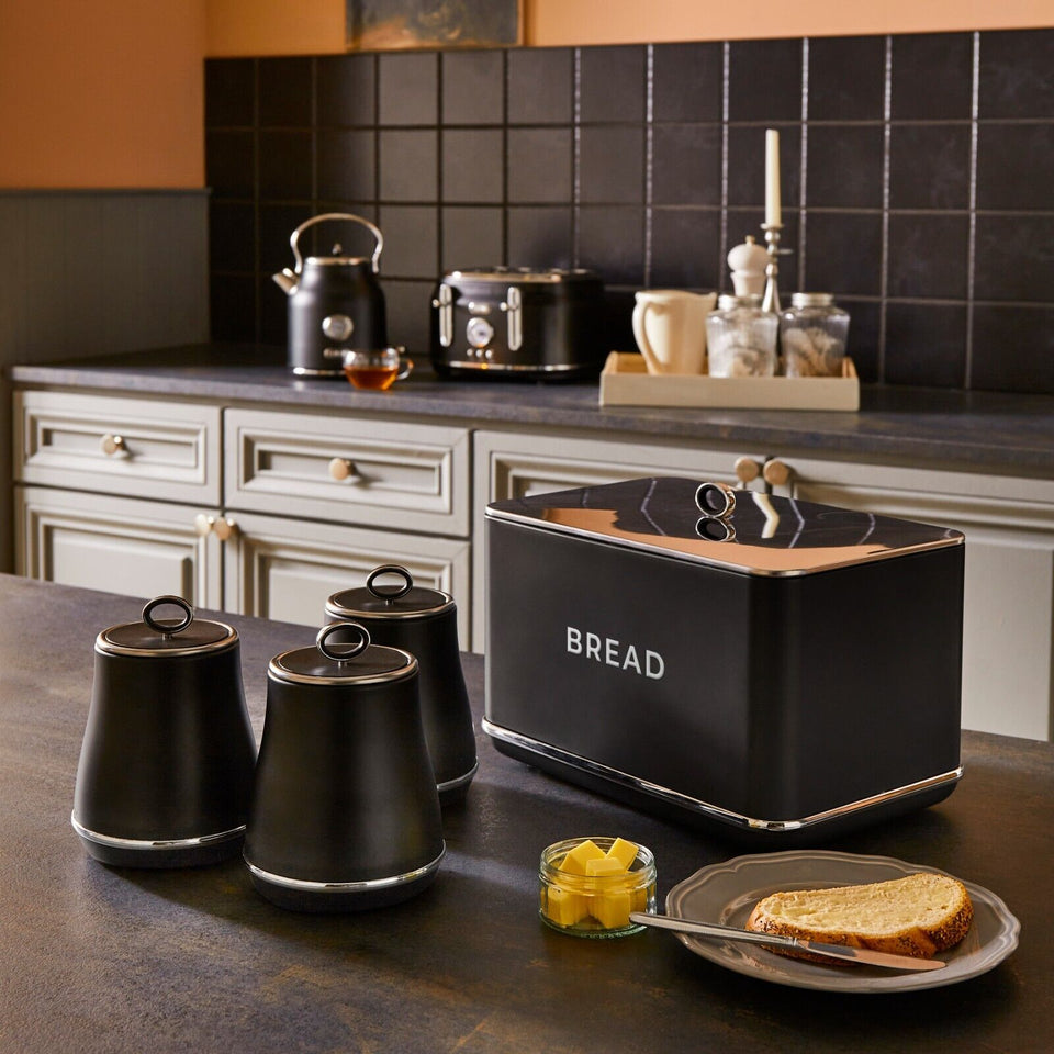 Tower Renaissance Black Kettle 4 Slice Toaster Bread Bin & Canisters