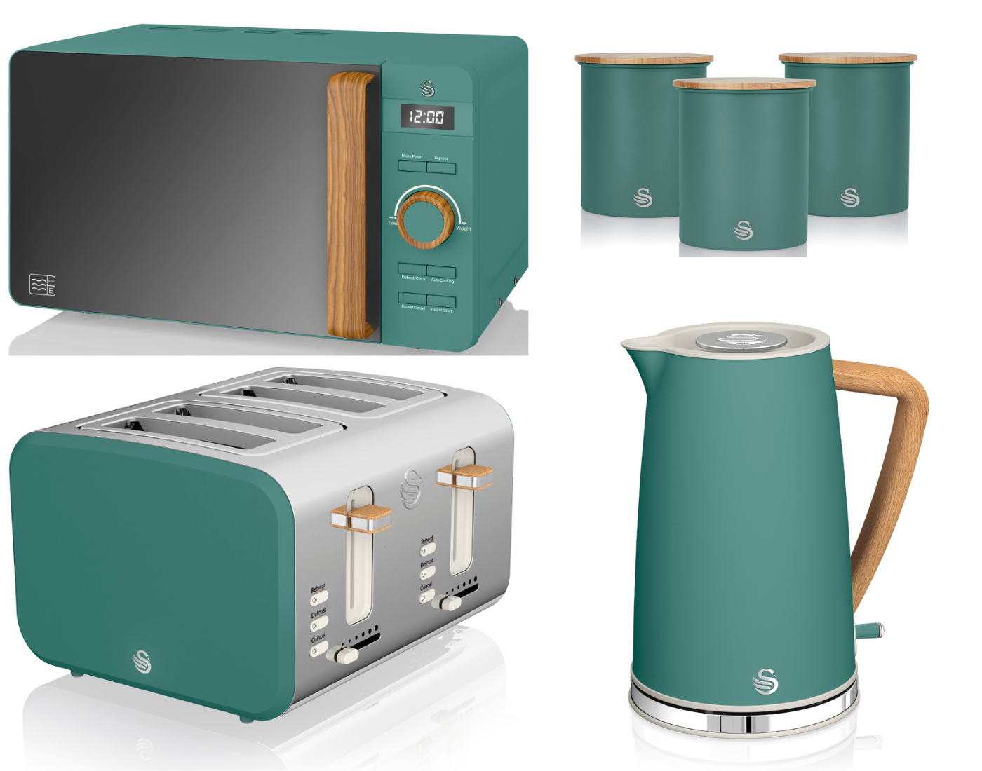 Swan Nordic Green Kettle 4 Slice Toaster Microwave & Canisters Set