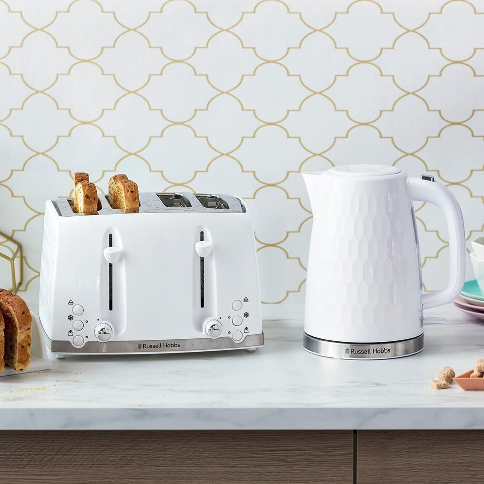 RUSSELL HOBBS Honeycomb White Jug Kettle & 4 Slice Toaster Set
