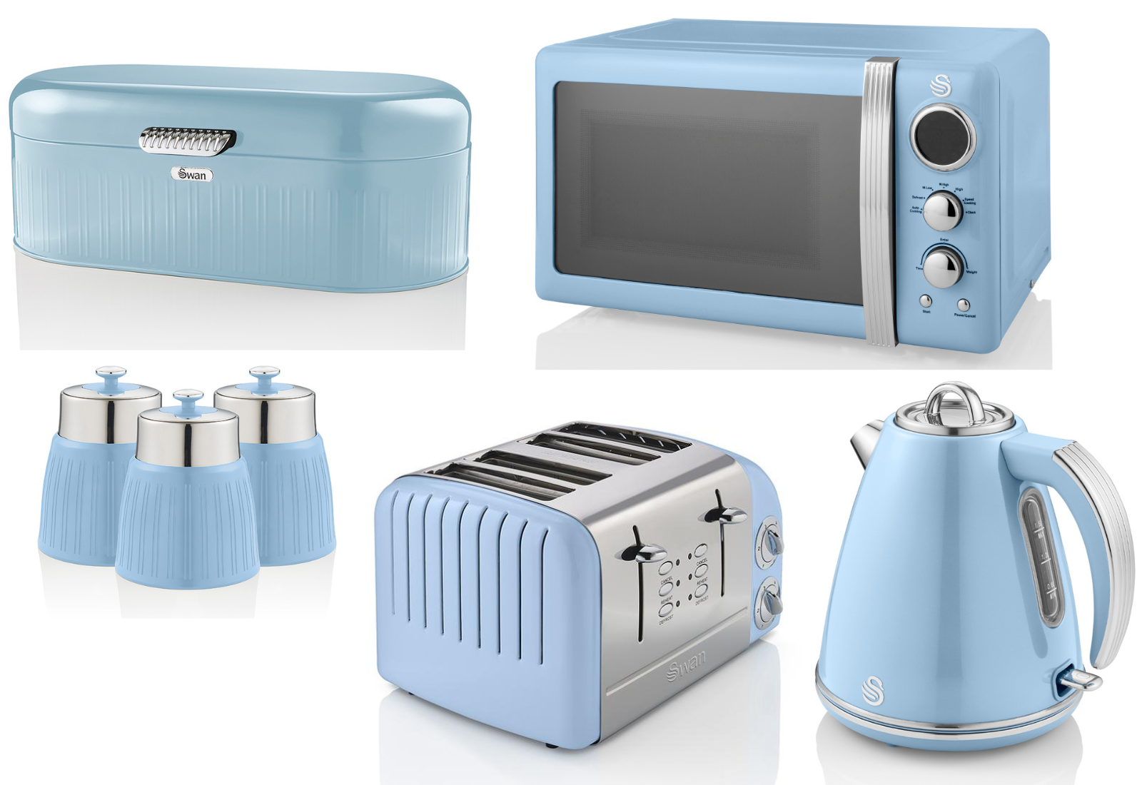 SWAN Retro Blue Jug Kettle Toaster Microwave, Breadbin Canisters Set