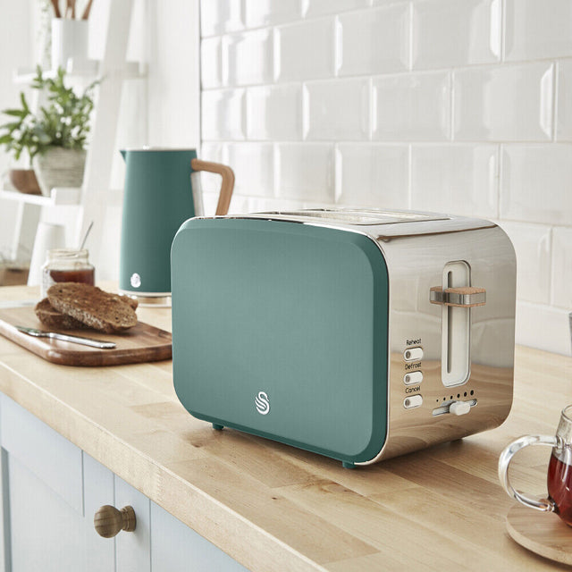Swan Nordic Green Kettle 2 Slice Toaster Digital Microwave KItchen Set