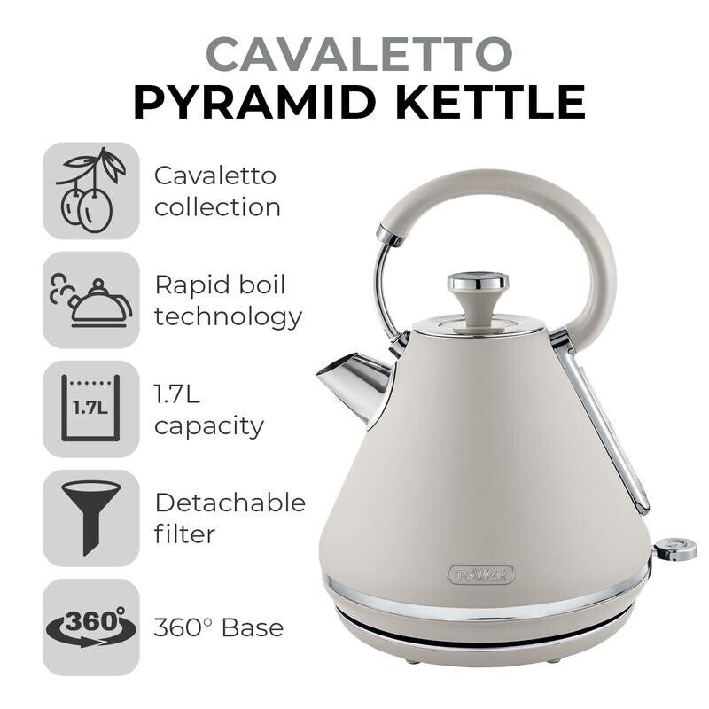 Tower Cavaletto Pyramid Kettle & 4 Slice Toaster Latte/Chrome Accents