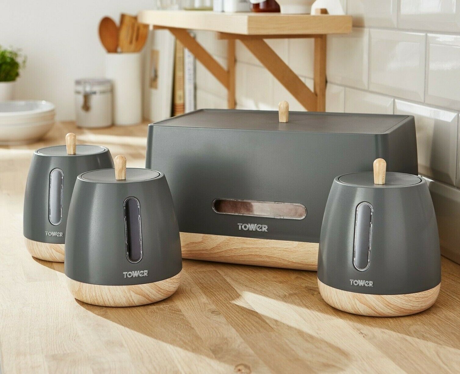 Tower Scandi Grey Bread Bin Canisters Kitchen Storage Set