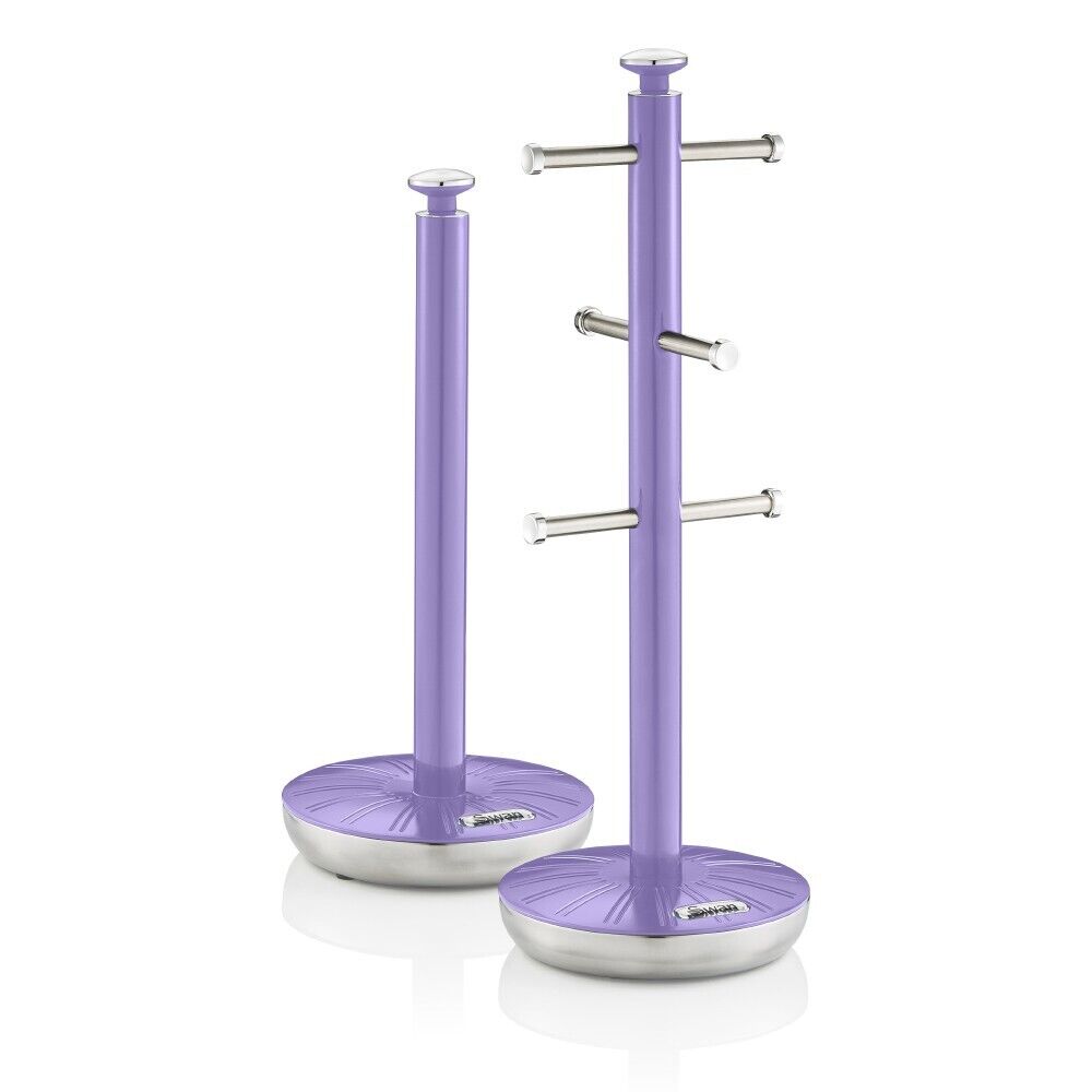 Swan Retro Purple Mug Tree & Towel Pole Matching Kitchen Storage Set