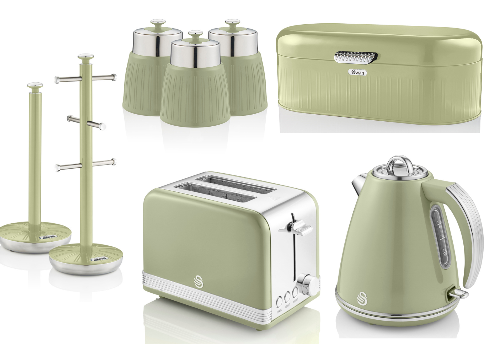 SWAN Retro Green Kettle 2 Slice Toaster Breadbin Canisters Mug Tree To