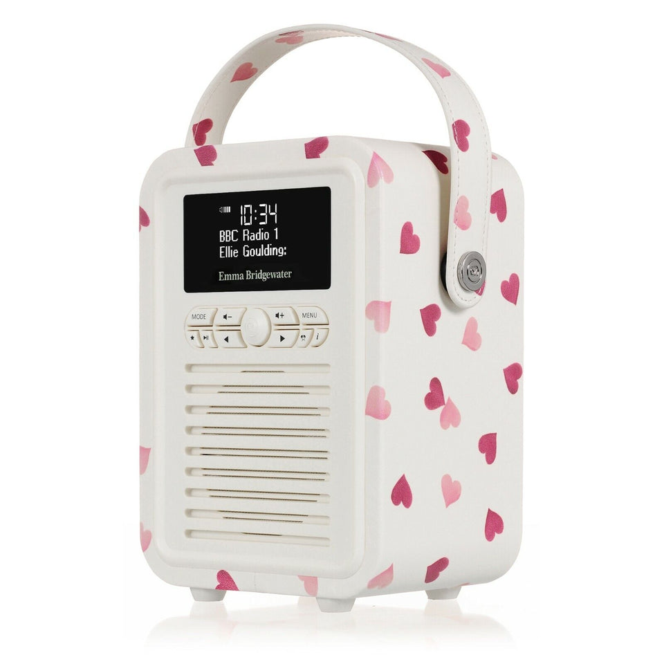VQ Emma Bridgewater Retro Mini DAB Radio Pink Hearts Bluetooth Portabl
