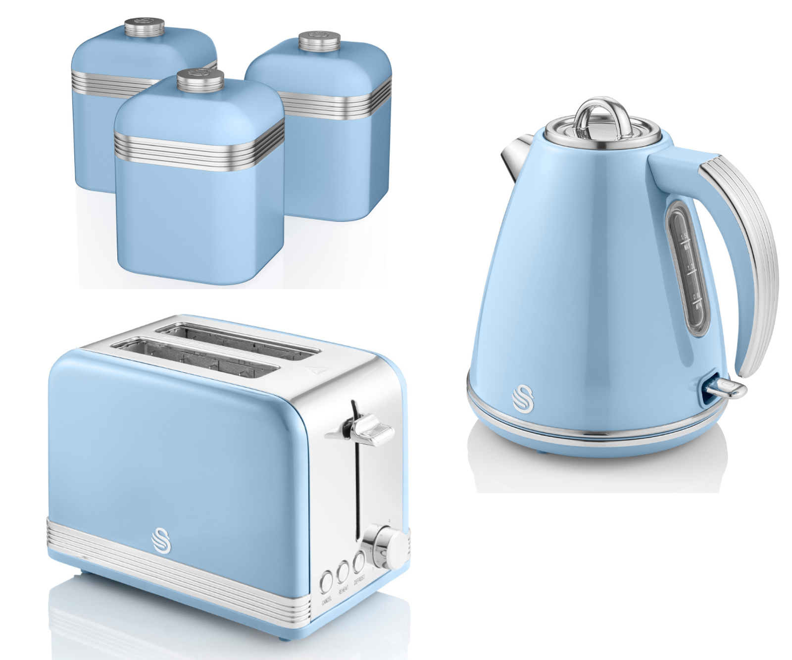 SWAN Retro Blue Jug Kettle 2 Slice Toaster & Canisters SWKA1020BLN Set
