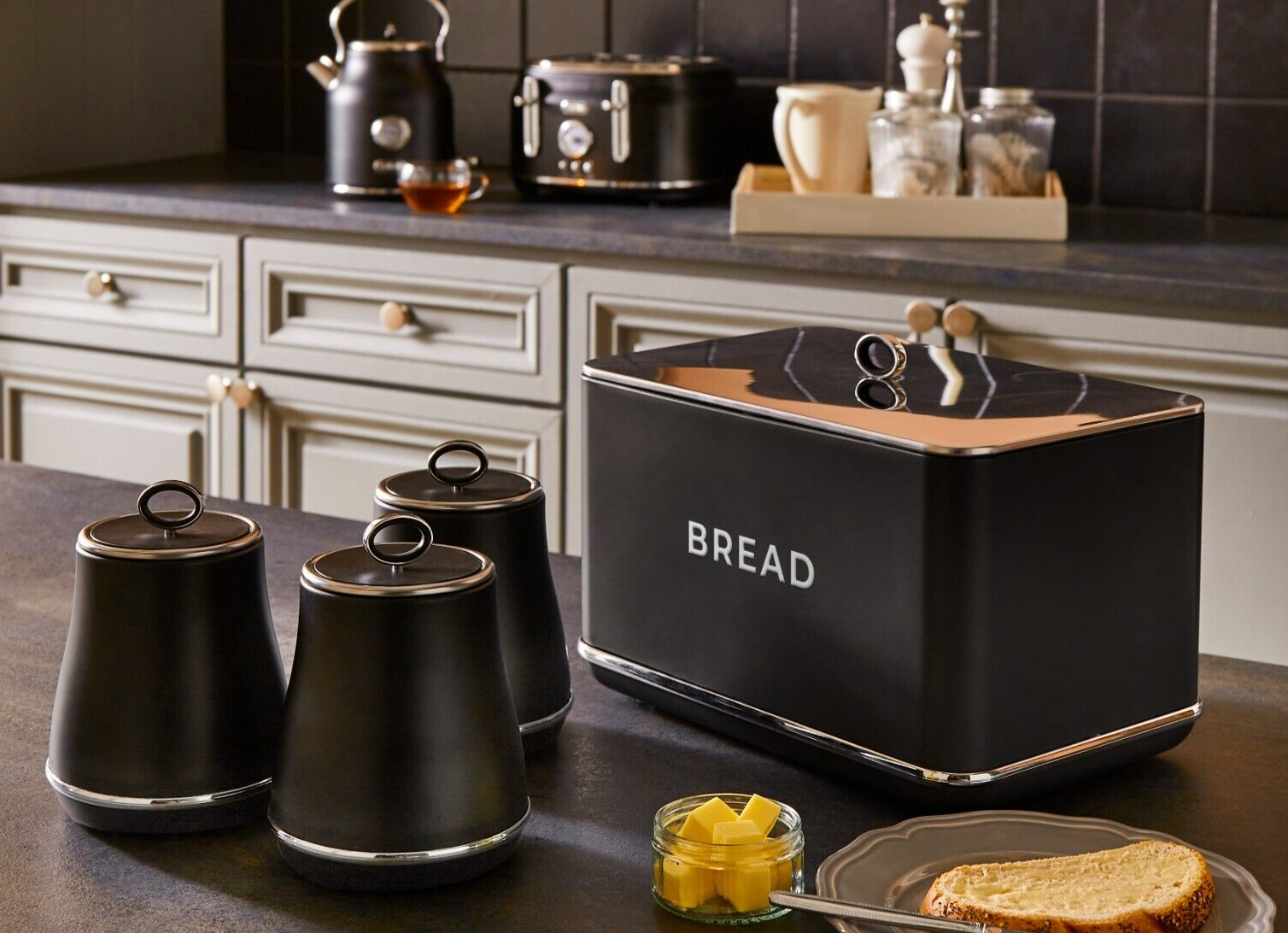 Tower Renaissance Black Bread Bin Canisters Stylish Matching Kitchen S