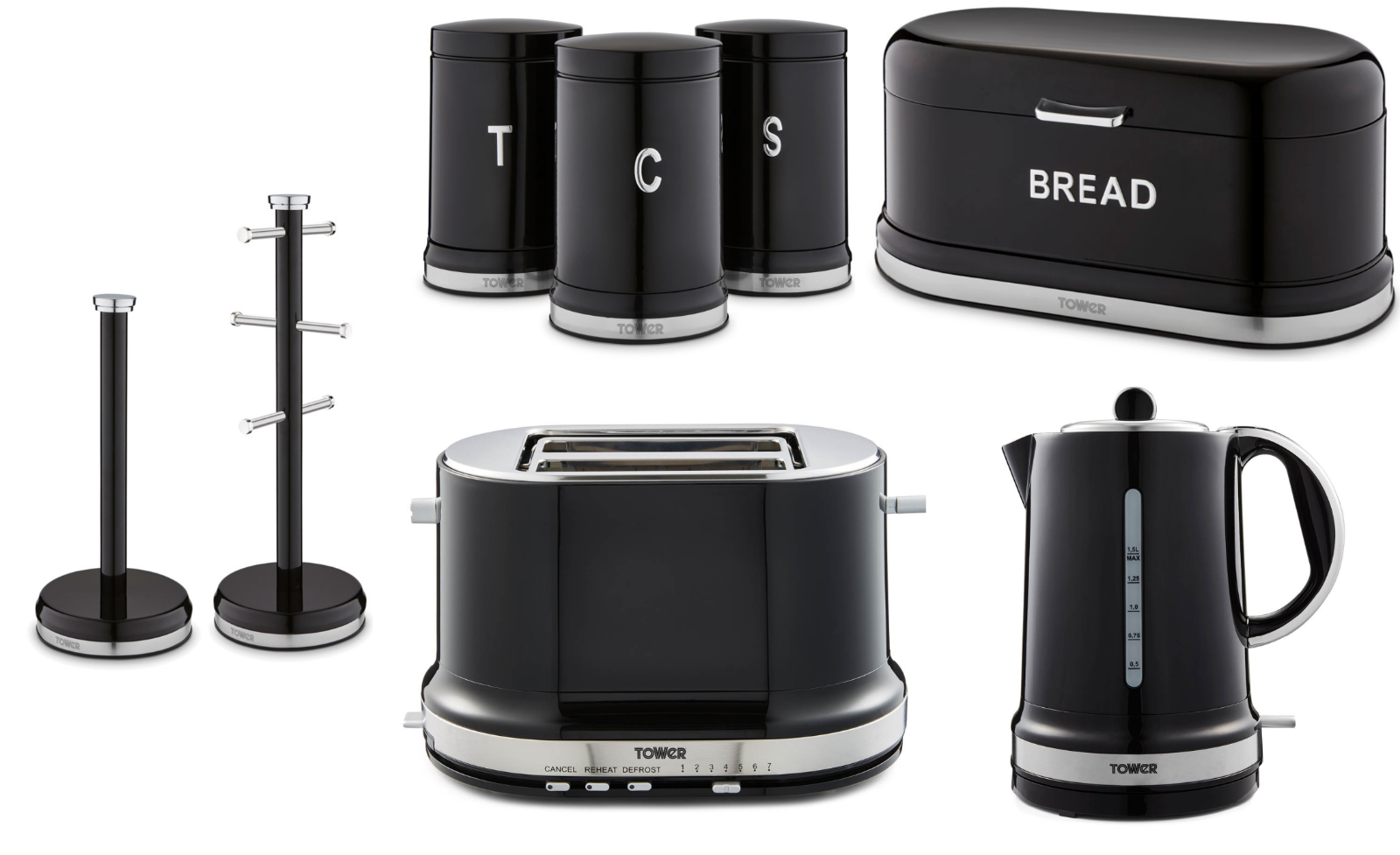 Tower Belle Noir Kettle Toaster Breadbin Canisters Mug Tree Towel Pole