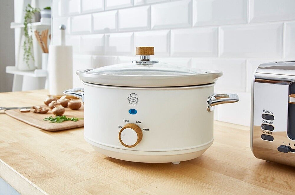 Swan Nordic White Kettle 4 Slice Toaster 3.5L Slow Cooker Kitchen Set