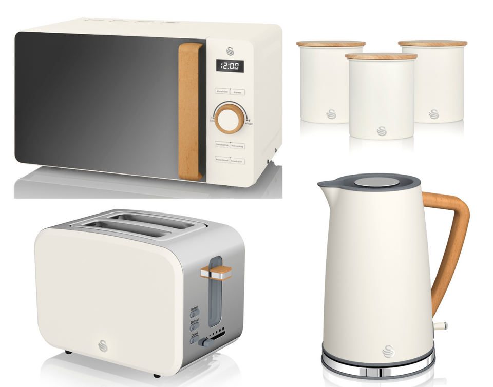 Swan Nordic White Jug Kettle Toaster Microwave & Canisters Kitchen Set