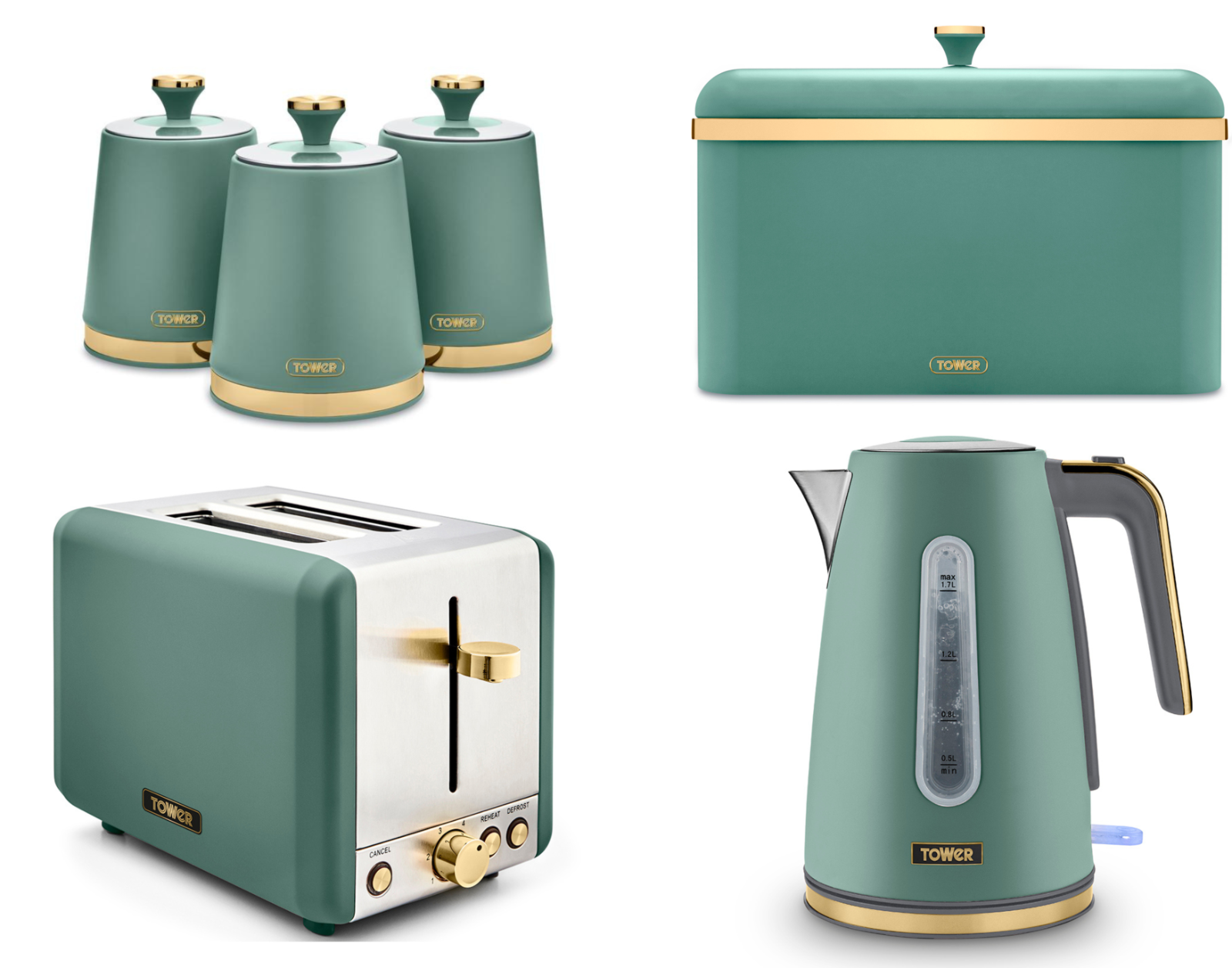 Tower Cavaletto Jade Jug Kettle 2 Slice Toaster Bread Bin Canisters