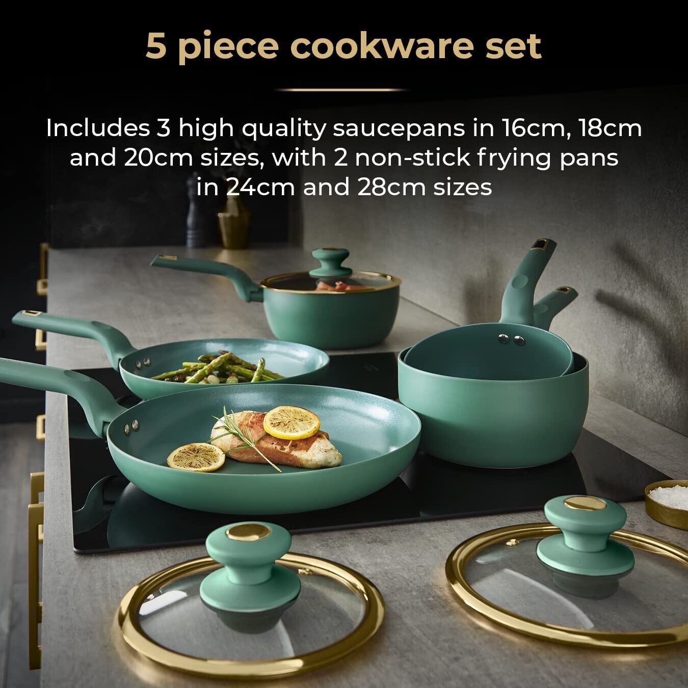 Tower Cavaletto Jade 5 Piece Pan Set Green Kitchen Cookware T800232JDE