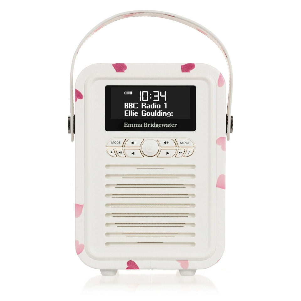 VQ Emma Bridgewater Retro Mini DAB Radio Pink Hearts Bluetooth Portabl