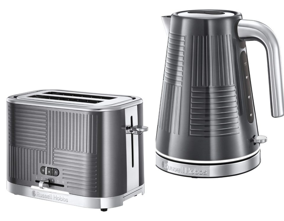 Russell Hobbs Geo Steel Kettle & 2 Slice Toaster Grey Matching Set