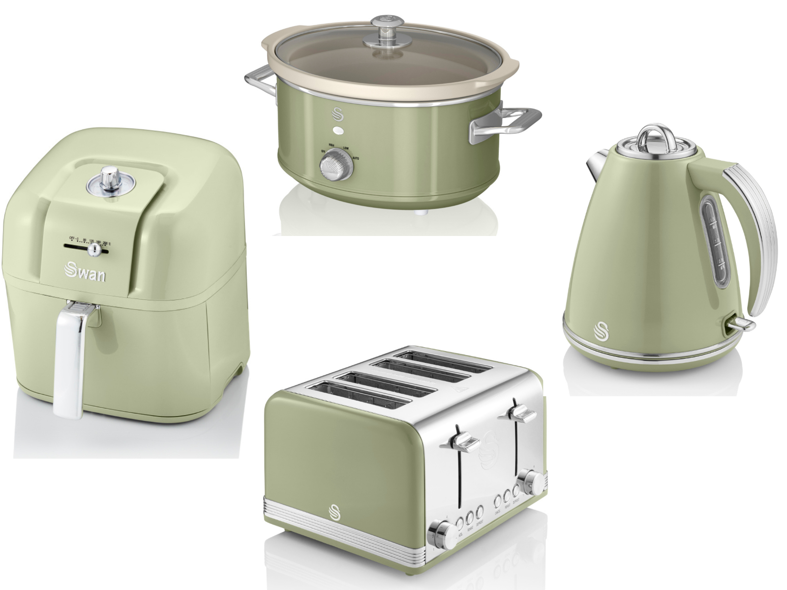 SWAN Retro Green Kettle Toaster Air Fryer & Slow Cooker Kitchen Set