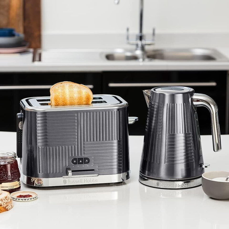 Russell Hobbs Geo Steel Kettle & 2 Slice Toaster Grey Matching Set