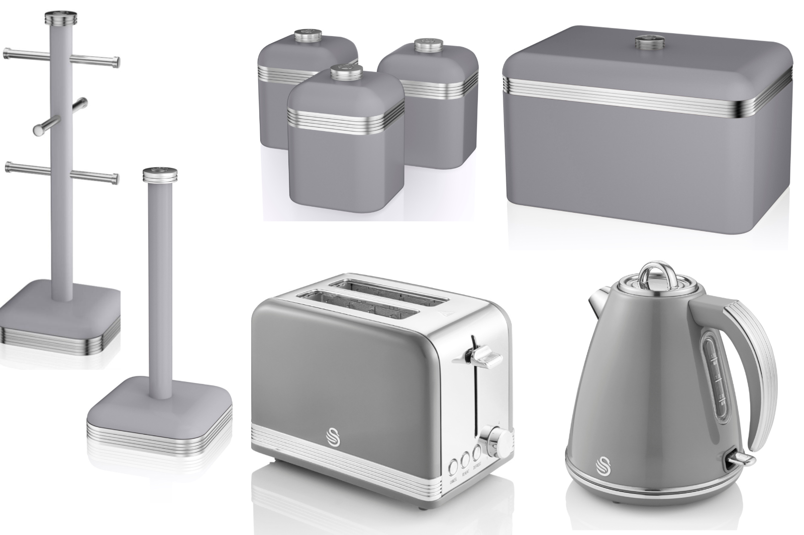 SWAN Retro Grey Kettle 2 Slice Toaster & Kitchen Accessories Set of 8