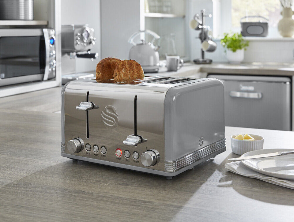 SWAN Retro Grey Temperature Dial Kettle & 4 Slice Toaster Matching Set