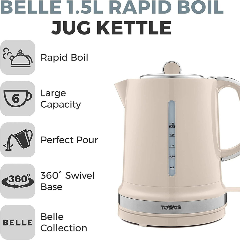 Tower Belle Chantilly Kettle Toaster Breadbin Canisters Set in Cream