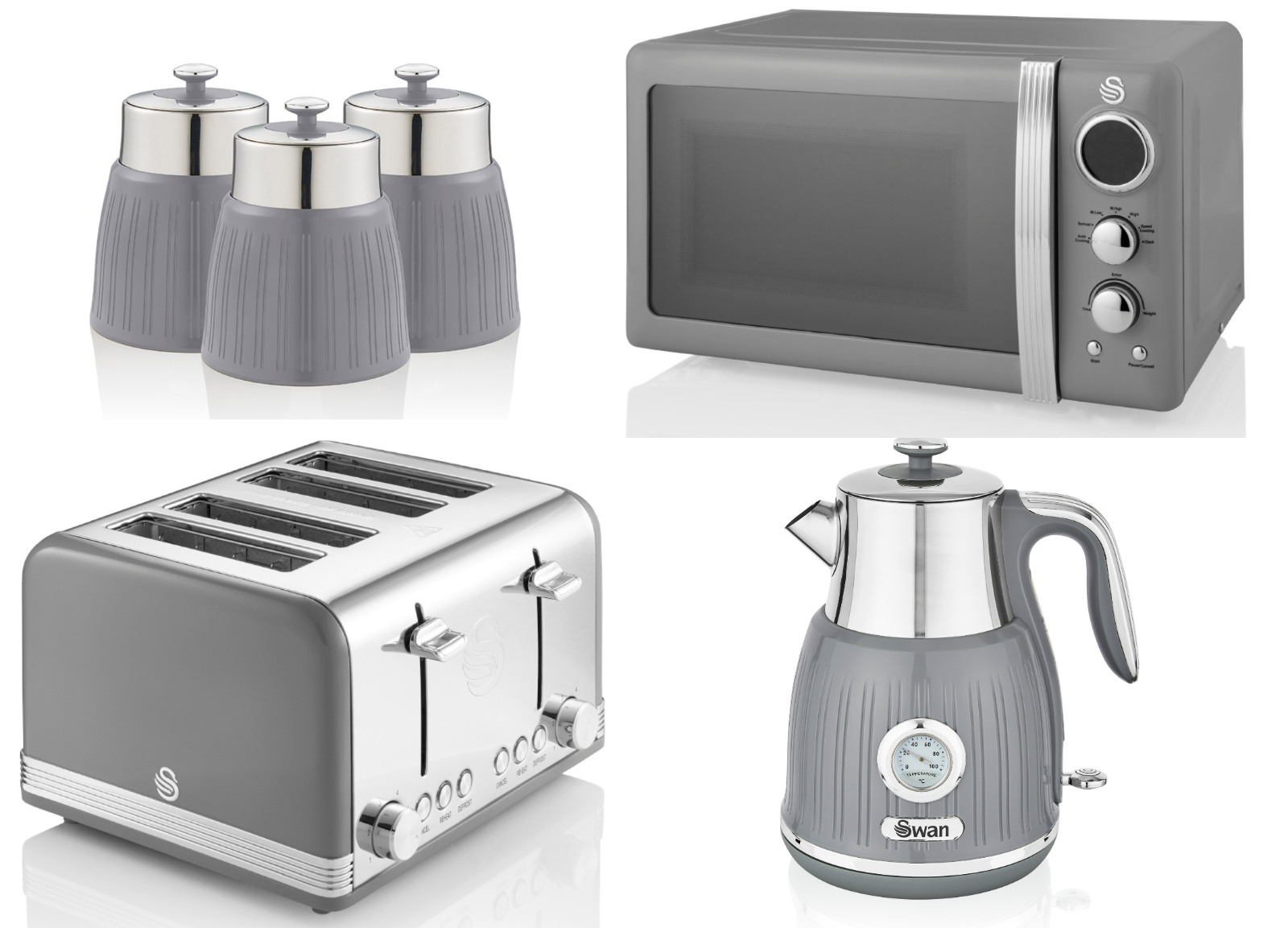 Swan Retro Grey Dial Kettle 4 Slice Toaster Microwave Canisters Set