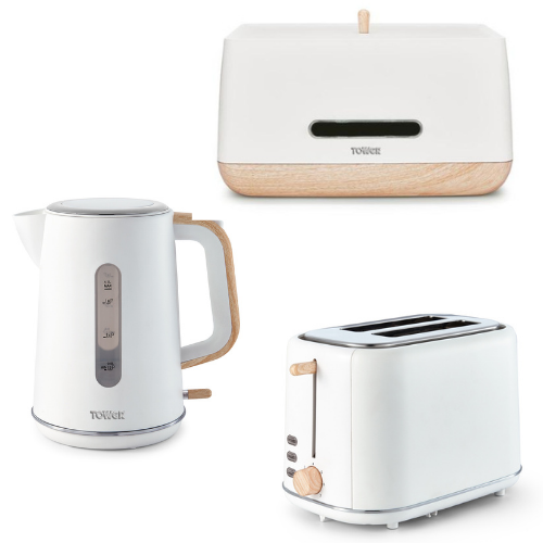 Tower Scandi Scandinavian Design Kettle Toaster & Breadbin Set in Whit