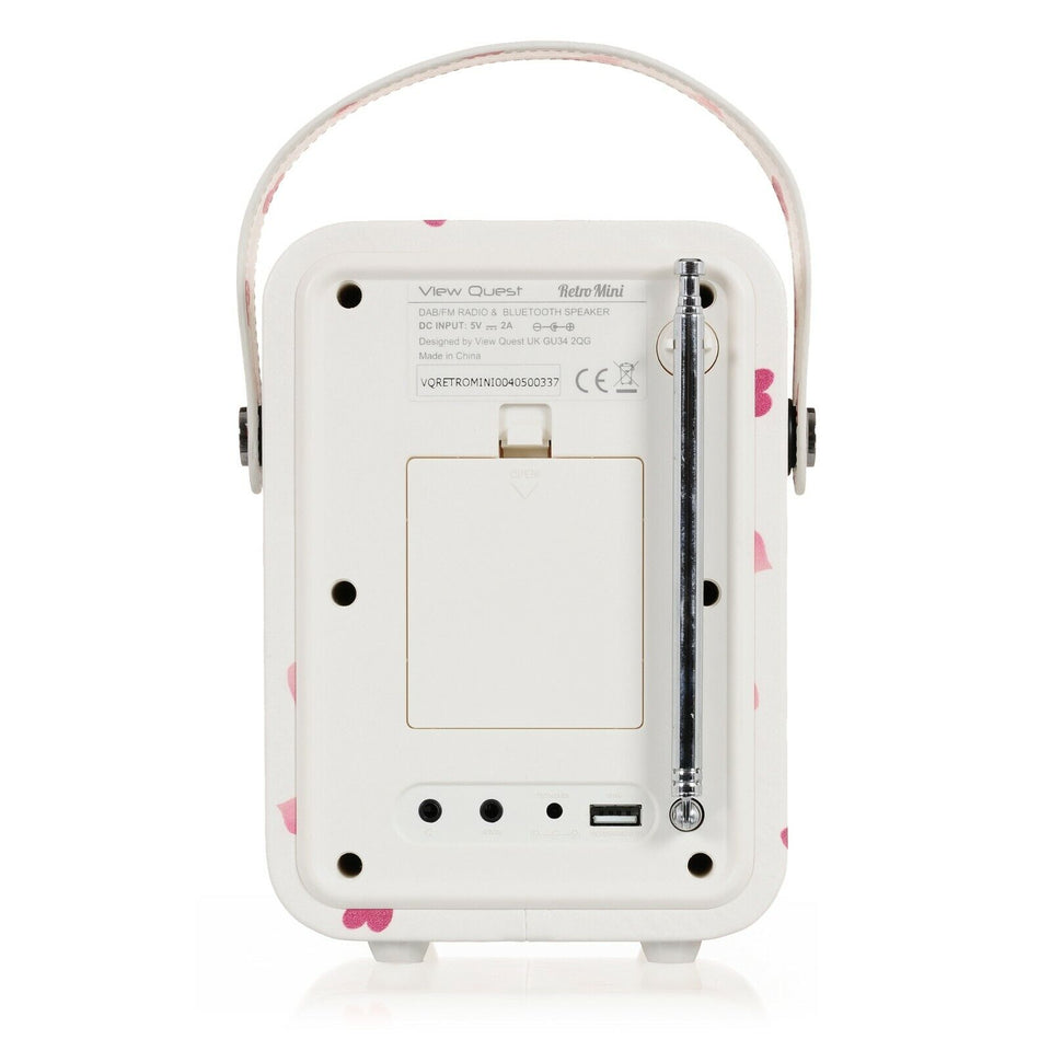 VQ Emma Bridgewater Retro Mini DAB Radio Pink Hearts Bluetooth Portabl