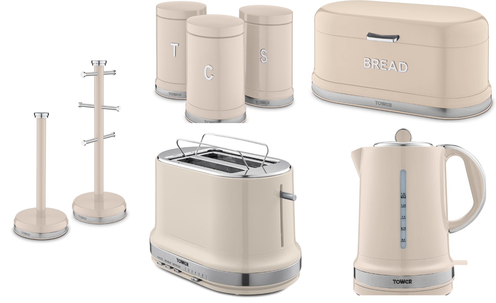 Tower Belle Chantilly Kettle Toaster & Kitchen Storage Set of 7 Cream