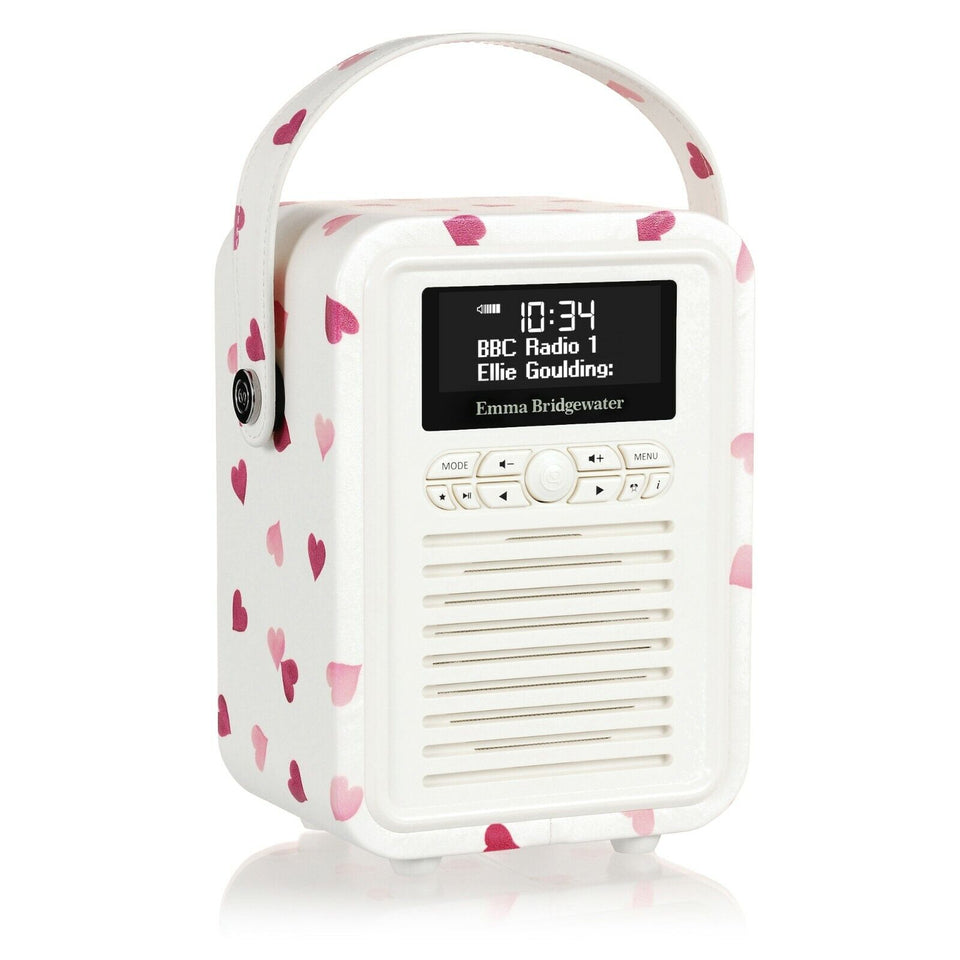 VQ Emma Bridgewater Retro Mini DAB Radio Pink Hearts Bluetooth Portabl