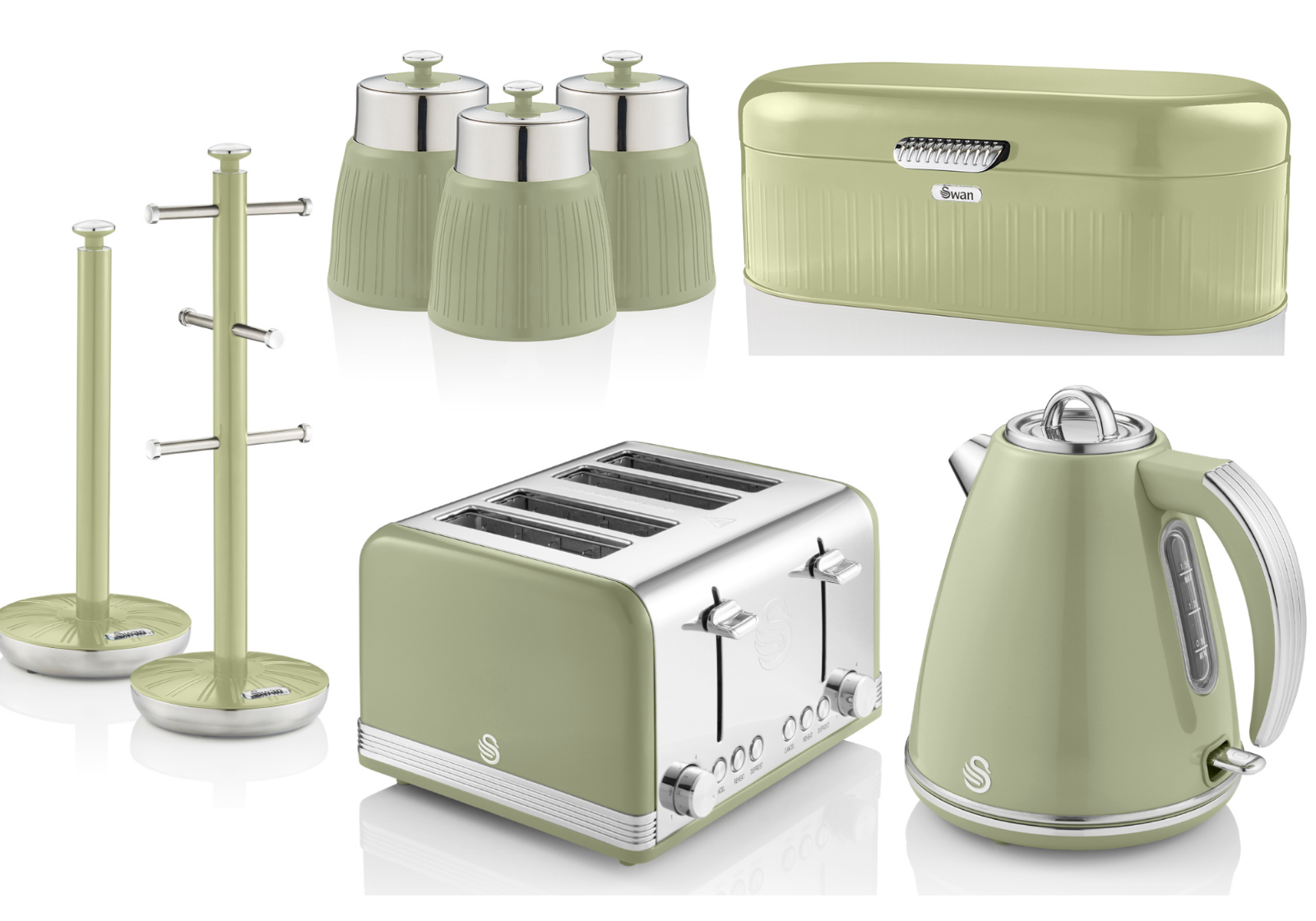 SWAN Retro Green Set of 8 Kettle Toaster Breadbin Canisters Mug Tree T