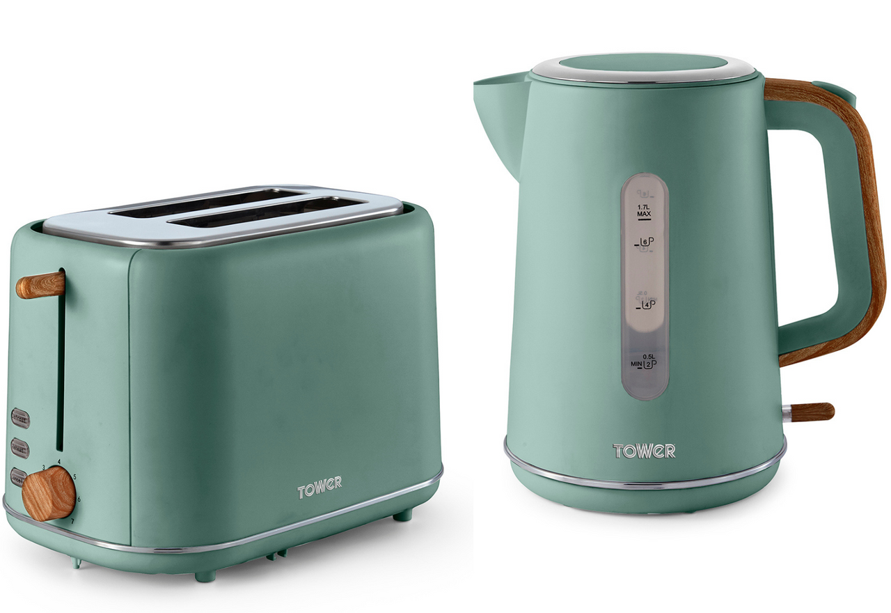 Tower Scandi Jade Kettle & 2 Toaster Scandinavian Style Set in Green
