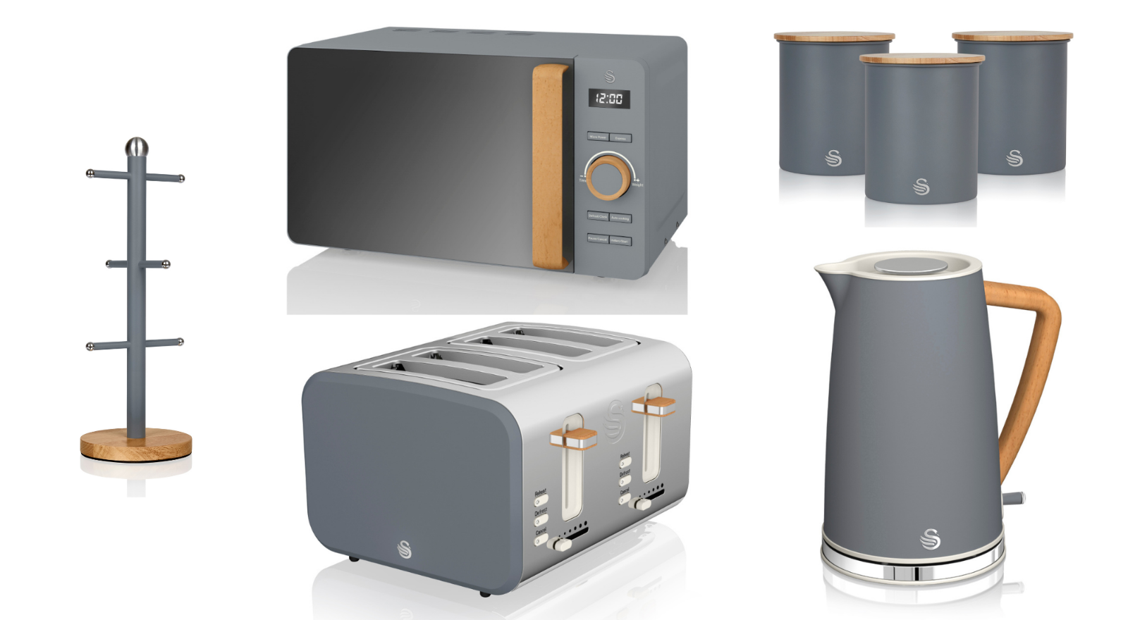 Swan Nordic Grey Kettle 4 Slice Toaster Microwave 3 Canisters, Mug Tre