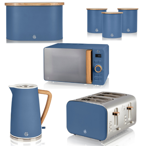 Swan Nordic Blue Kitchen Set Kettle 4 Slice Toaster Microwave Breadbin